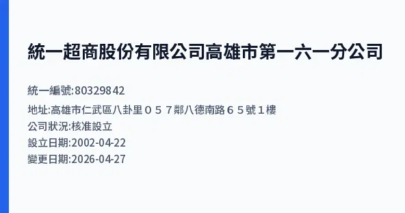 統一超商股份有限公司高雄市第一六一分公司的照片-統編 80329842(高雄市) 公司登記資料與營業項目詳細圖表