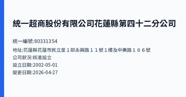 統一超商股份有限公司花蓮縣第四十二分公司的照片-統編 80331354(花蓮縣) 公司登記資料與營業項目詳細圖表