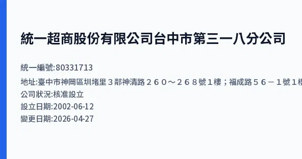 統一超商股份有限公司台中市第三一八分公司的照片-統編 80331713(臺中市) 公司登記資料與營業項目詳細圖表