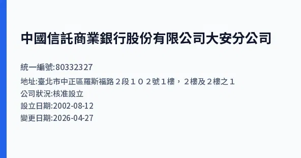 中國信託商業銀行股份有限公司大安分公司的照片-統編 80332327(臺北市) 公司登記資料與營業項目詳細圖表