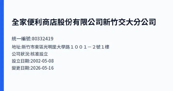 全家便利商店股份有限公司新竹交大分公司的照片-統編 80332419(新竹市) 公司登記資料與營業項目詳細圖表