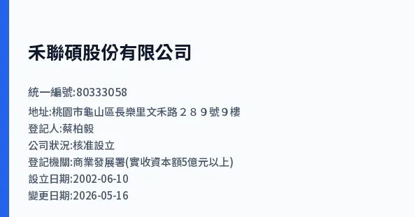禾聯碩股份有限公司的照片-統編 80333058(桃園市) 公司登記資料與營業項目詳細圖表