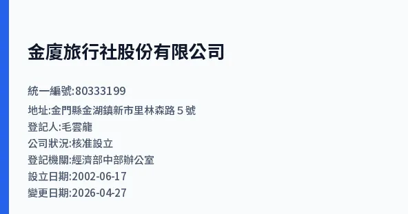 金廈旅行社股份有限公司的照片-統編 80333199(金門縣) 公司登記資料與營業項目詳細圖表