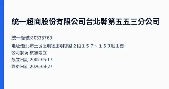統一超商股份有限公司台北縣第五五三分公司的照片-統編 80333769(新北市) 公司登記資料與營業項目詳細圖表
