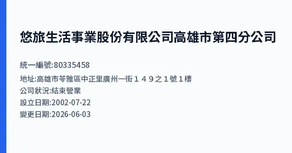 悠旅生活事業股份有限公司高雄市第四分公司的照片-統編 80335458(高雄市) 公司登記資料與營業項目詳細圖表