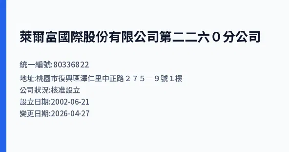 萊爾富國際股份有限公司第二二六0分公司的照片-統編 80336822(桃園市) 公司登記資料與營業項目詳細圖表