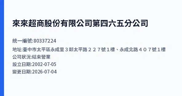 來來超商股份有限公司第四六五分公司的照片-統編 80337224(臺中市) 公司登記資料與營業項目詳細圖表