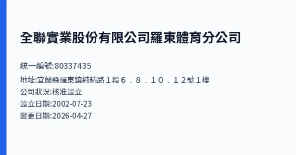 全聯實業股份有限公司羅東體育分公司的照片-統編 80337435(宜蘭縣) 公司登記資料與營業項目詳細圖表