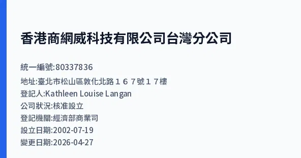 香港商網威科技有限公司台灣分公司的照片-統編 80337836(臺北市) 公司登記資料與營業項目詳細圖表