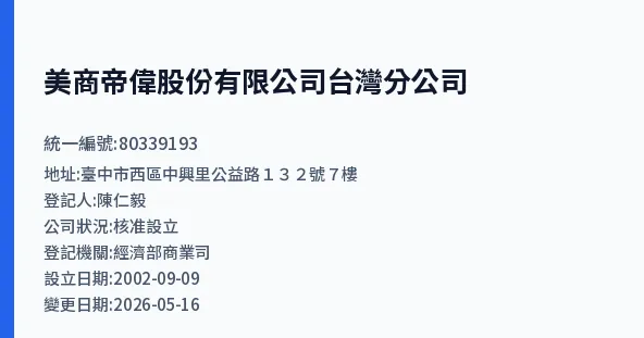 美商帝偉股份有限公司台灣分公司的照片-統編 80339193(臺中市) 公司登記資料與營業項目詳細圖表