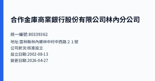合作金庫商業銀行股份有限公司林內分公司的照片-統編 80339362(雲林縣) 公司登記資料與營業項目詳細圖表