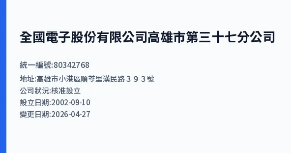 全國電子股份有限公司高雄市第三十七分公司的照片-統編 80342768(高雄市) 公司登記資料與營業項目詳細圖表