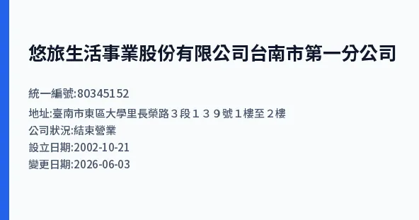 悠旅生活事業股份有限公司台南市第一分公司的照片-統編 80345152(臺南市) 公司登記資料與營業項目詳細圖表