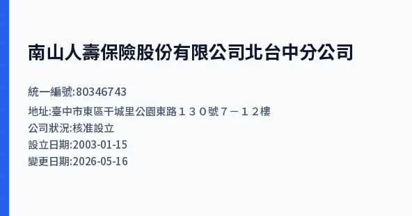 南山人壽保險股份有限公司北台中分公司的照片-統編 80346743(臺中市) 公司登記資料與營業項目詳細圖表