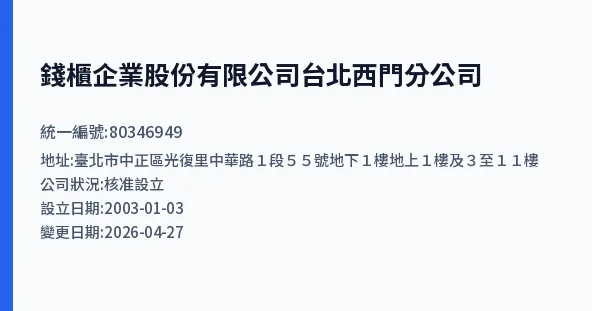 錢櫃企業股份有限公司台北西門分公司的照片-統編 80346949(臺北市) 公司登記資料與營業項目詳細圖表