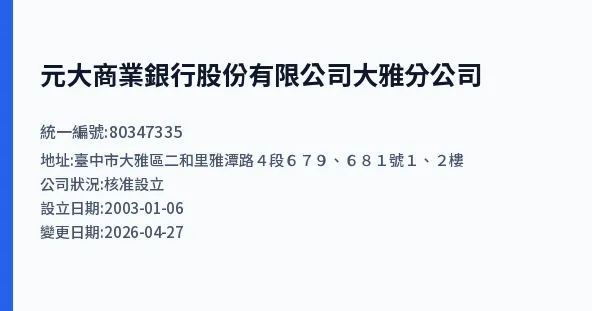 元大商業銀行股份有限公司大雅分公司的照片-統編 80347335(臺中市) 公司登記資料與營業項目詳細圖表