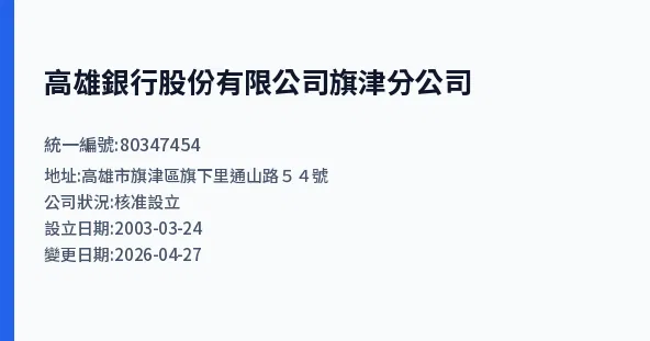 高雄銀行股份有限公司旗津分公司的照片-統編 80347454(高雄市) 公司登記資料與營業項目詳細圖表