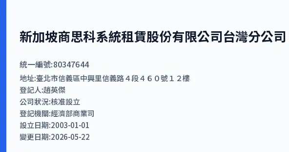 新加坡商思科系統租賃股份有限公司台灣分公司的照片-統編 80347644(臺北市) 公司登記資料與營業項目詳細圖表