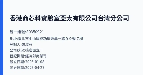 香港商芯科實驗室亞太有限公司台灣分公司的照片-統編 80350921(臺北市) 公司登記資料與營業項目詳細圖表