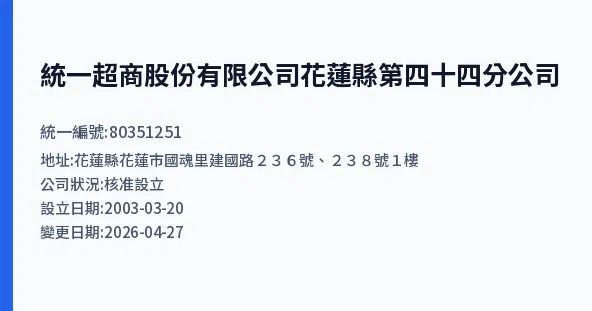 統一超商股份有限公司花蓮縣第四十四分公司的照片-統編 80351251(花蓮縣) 公司登記資料與營業項目詳細圖表
