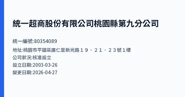 統一超商股份有限公司桃園縣第九分公司的照片-統編 80354089(桃園市) 公司登記資料與營業項目詳細圖表