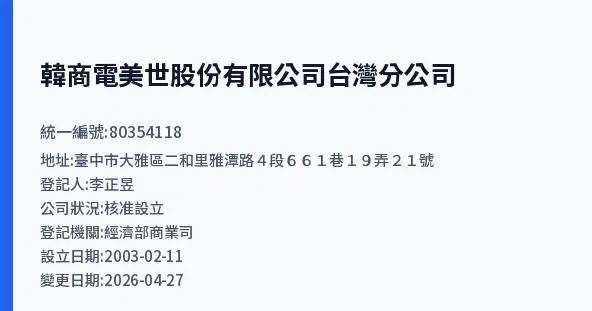 韓商電美世股份有限公司台灣分公司的照片-統編 80354118(臺中市) 公司登記資料與營業項目詳細圖表