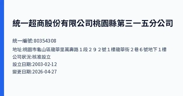統一超商股份有限公司桃園縣第三一五分公司的照片-統編 80354308(桃園市) 公司登記資料與營業項目詳細圖表