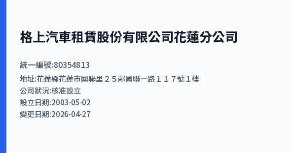 格上汽車租賃股份有限公司花蓮分公司的照片-統編 80354813(花蓮縣) 公司登記資料與營業項目詳細圖表