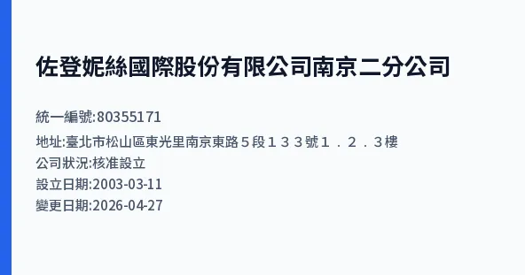 佐登妮絲國際股份有限公司南京二分公司的照片-統編 80355171(臺北市) 公司登記資料與營業項目詳細圖表
