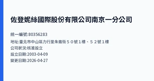 佐登妮絲國際股份有限公司南京一分公司的照片-統編 80356283(臺北市) 公司登記資料與營業項目詳細圖表
