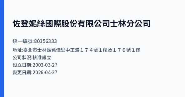 佐登妮絲國際股份有限公司士林分公司的照片-統編 80356333(臺北市) 公司登記資料與營業項目詳細圖表