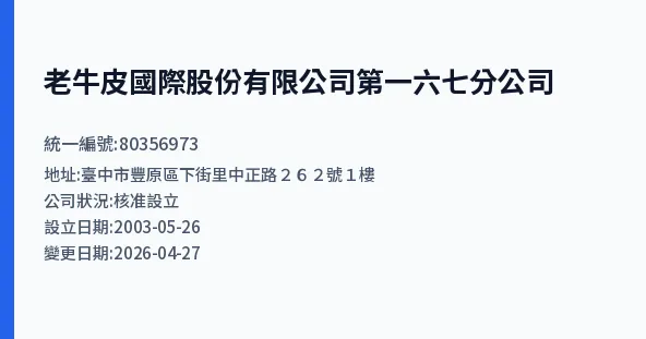 老牛皮國際股份有限公司第一六七分公司的照片-統編 80356973(臺中市) 公司登記資料與營業項目詳細圖表