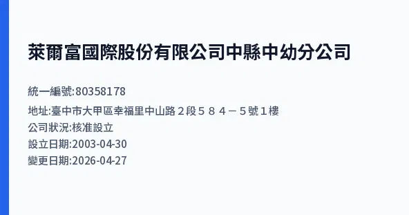 萊爾富國際股份有限公司中縣中幼分公司的照片-統編 80358178(臺中市) 公司登記資料與營業項目詳細圖表