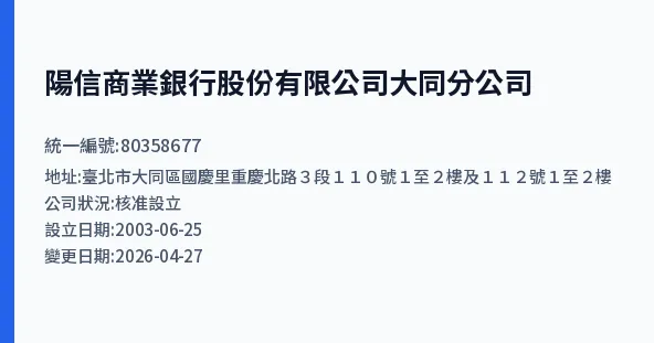 陽信商業銀行股份有限公司大同分公司的照片-統編 80358677(臺北市) 公司登記資料與營業項目詳細圖表