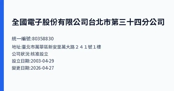 全國電子股份有限公司台北市第三十四分公司的照片-統編 80358830(臺北市) 公司登記資料與營業項目詳細圖表