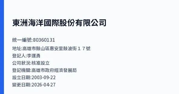 東洲海洋國際股份有限公司的照片-統編 80360131(高雄市) 公司登記資料與營業項目詳細圖表