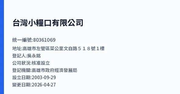台灣小糧口有限公司的照片-統編 80361069(高雄市) 公司登記資料與營業項目詳細圖表