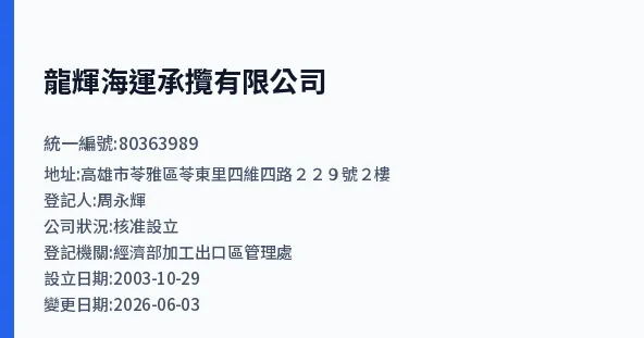 龍輝海運承攬有限公司的照片-統編 80363989(高雄市) 公司登記資料與營業項目詳細圖表