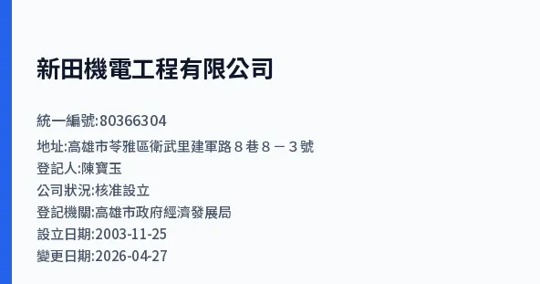 新田機電工程有限公司的照片-統編 80366304(高雄市) 公司登記資料與營業項目詳細圖表
