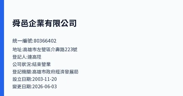 舜邑企業有限公司的照片-統編 80366402(高雄市) 公司登記資料與營業項目詳細圖表