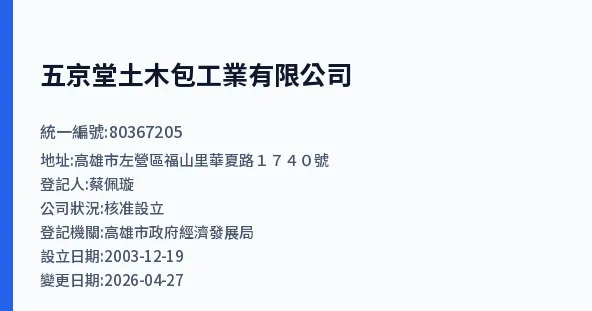五京堂土木包工業有限公司的照片-統編 80367205(高雄市) 公司登記資料與營業項目詳細圖表