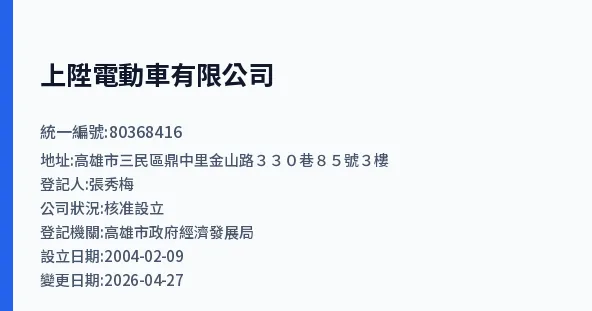 上陞電動車有限公司的照片-統編 80368416(高雄市) 公司登記資料與營業項目詳細圖表