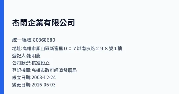 杰閎企業有限公司的照片-統編 80368680(高雄市) 公司登記資料與營業項目詳細圖表