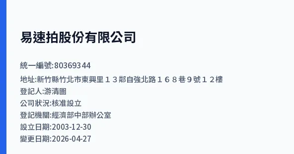 易速拍股份有限公司的照片-統編 80369344(新竹縣) 公司登記資料與營業項目詳細圖表
