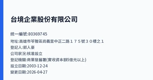 台境企業股份有限公司的照片-統編 80369745(高雄市) 公司登記資料與營業項目詳細圖表