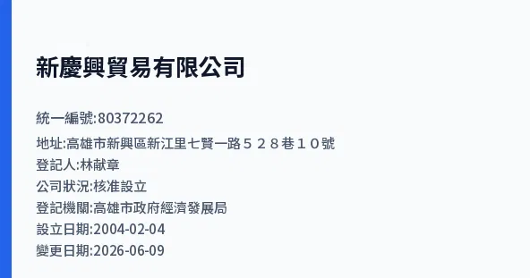 新慶興貿易有限公司的照片-統編 80372262(高雄市) 公司登記資料與營業項目詳細圖表