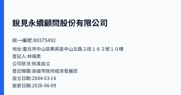 銳見永續顧問股份有限公司的照片-統編 80375492(臺北市) 公司登記資料與營業項目詳細圖表
