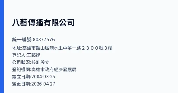 八藝傳播有限公司的照片-統編 80377576(高雄市) 公司登記資料與營業項目詳細圖表