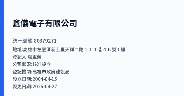 鑫儀電子有限公司的照片-統編 80379271(高雄市) 公司登記資料與營業項目詳細圖表