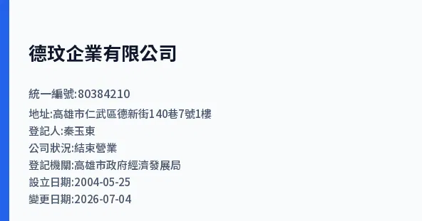 德玟企業有限公司的照片-統編 80384210(高雄市) 公司登記資料與營業項目詳細圖表